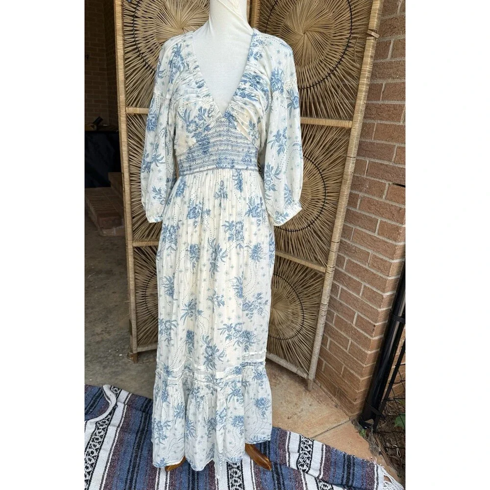 Free People | Dresses | Free People Golden Hour Blue Floral Cotton Maxi ...